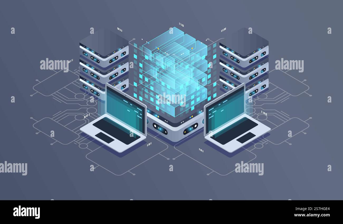 Technology isometric infographic design for quantum computer. Blockchain server concept, server ...