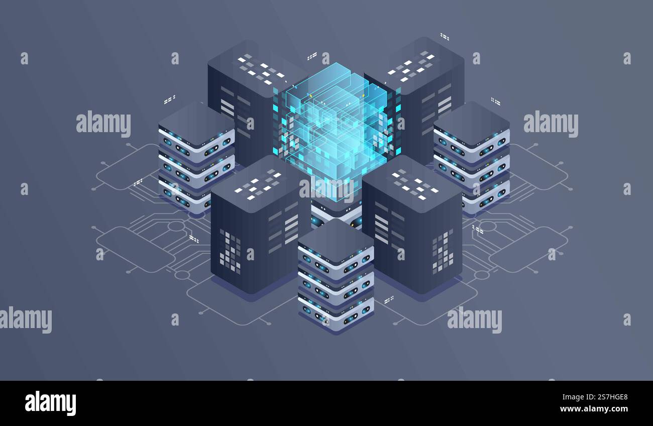 Technology isometric infographic design for quantum computer. Blockchain server concept, server ...