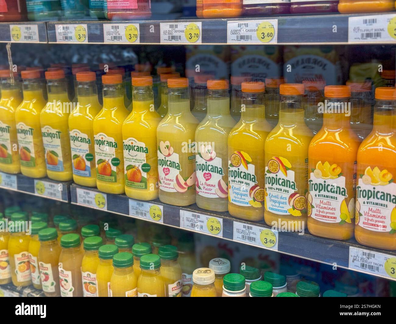 Colorful display of assorted fruit juices in a grocery store aisle Stock Photo - Alamy