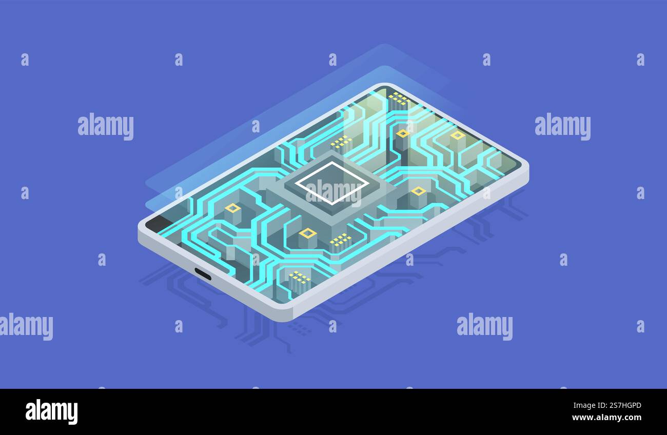 Quantum phone, big data processing, database concept. Digital chip, Modern hardware of ...