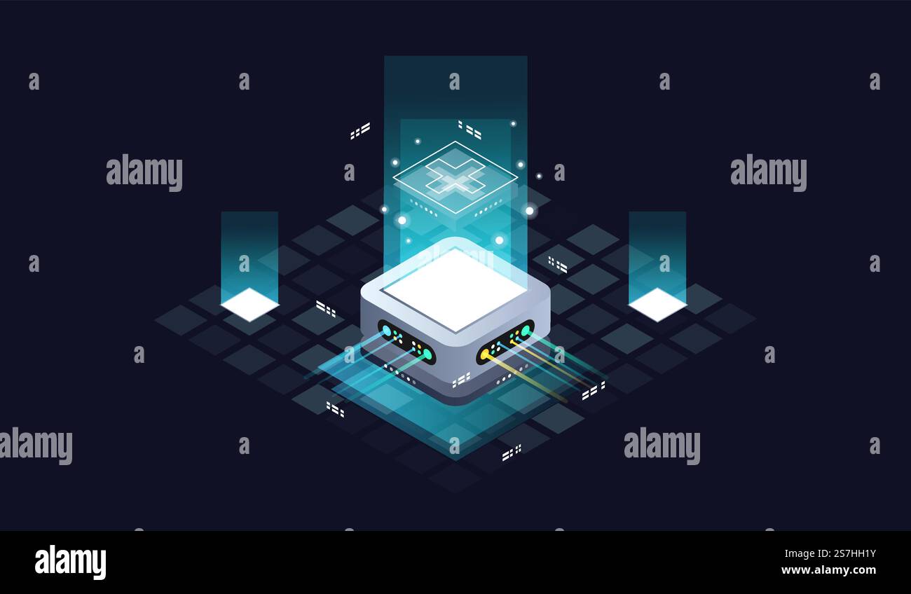 Technology isometric infographic design for quantum computer. Blockchain server concept, server ...