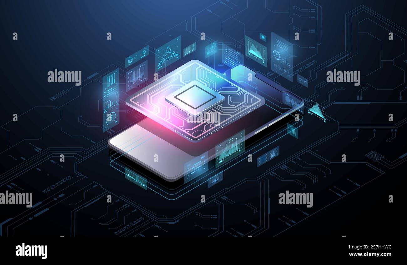 Microchip processor with lights effects. cybernetic system, futuristic computing technology ...