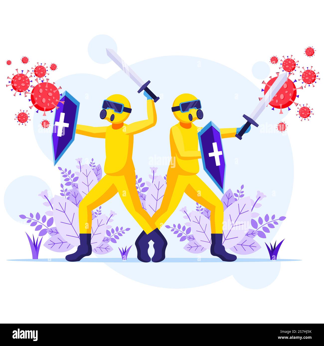 Fight the Virus Concept, Disinfectant workers in hazmat suits use sword ...