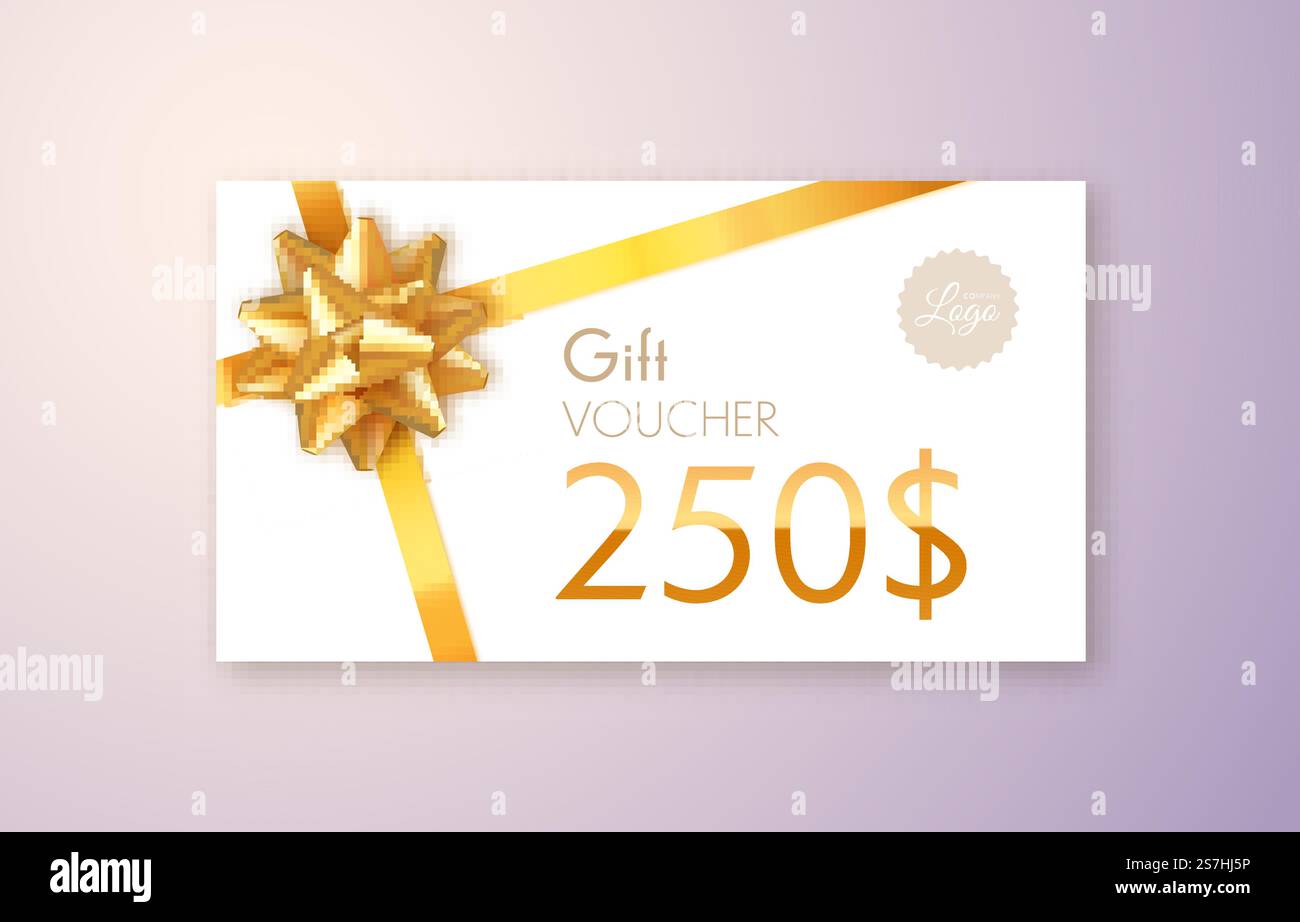 Gift voucher template isolated. Vector gift card with gold ribbon and ...