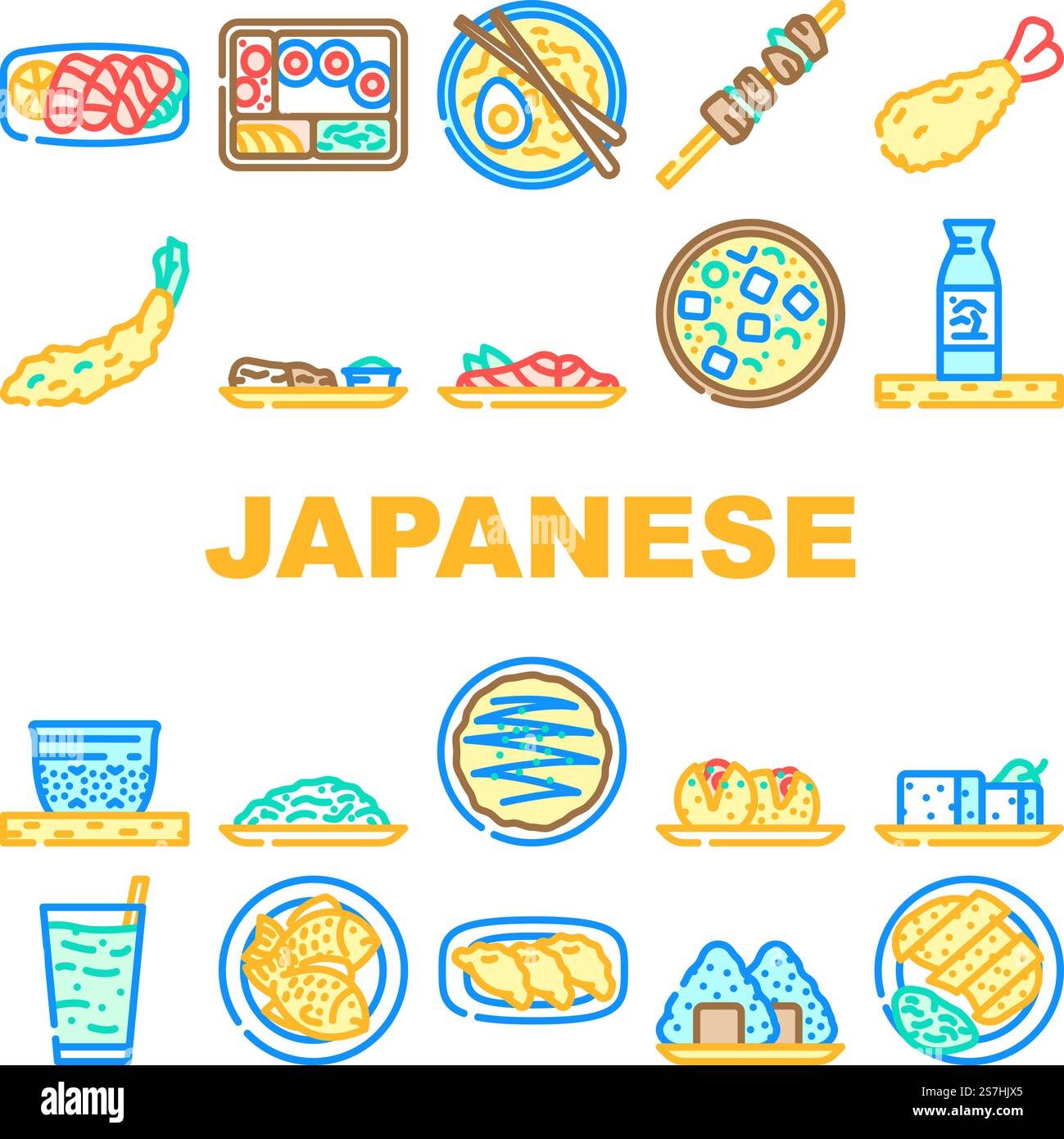 japanese food sushi japan icons set vector. sashimi asian menu, salmon ...