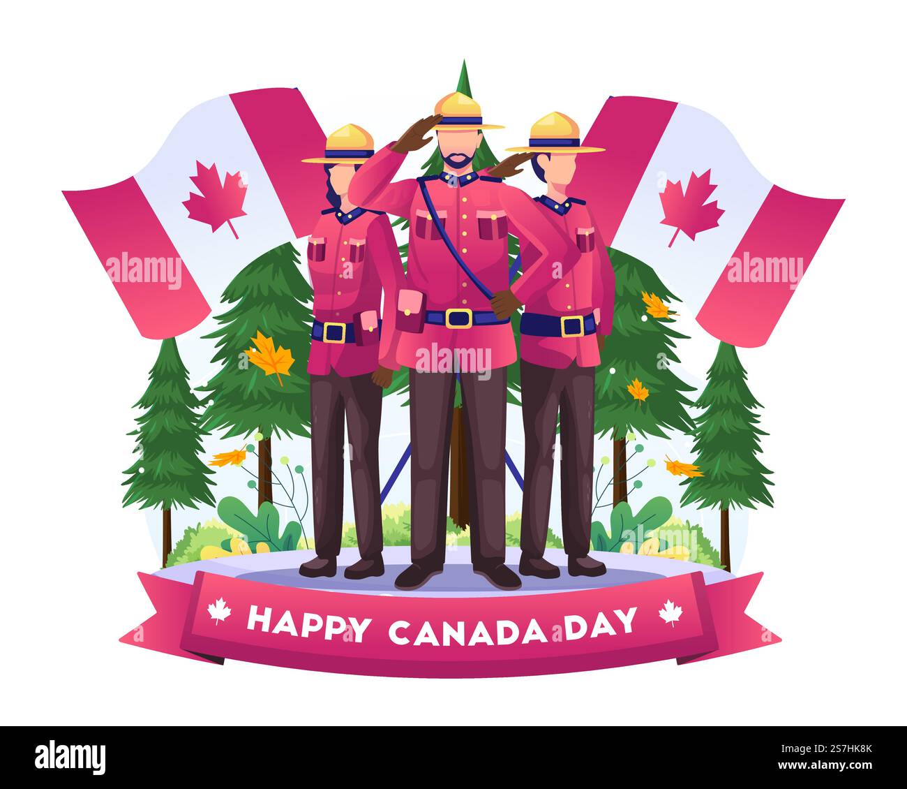 Canadian soldiers standing respectfully celebrate Canada Independence day with national flags on ...