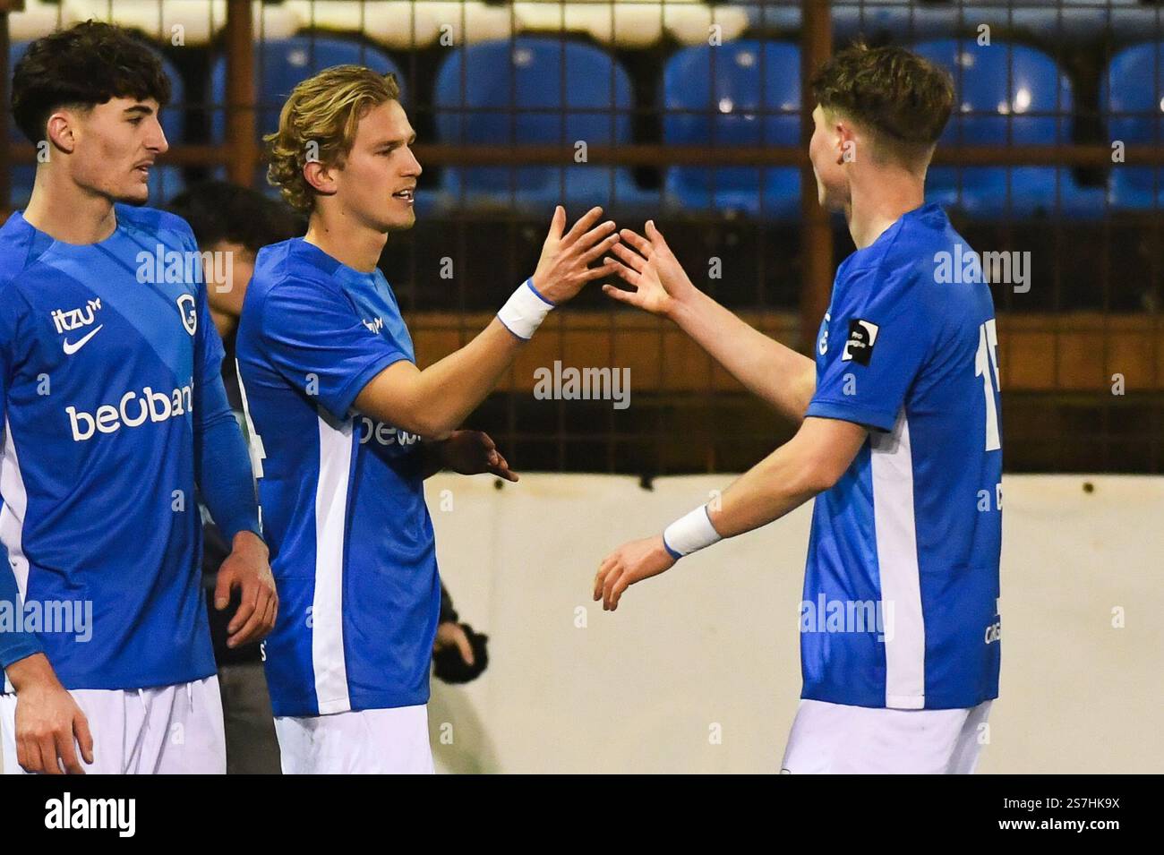 Geel, Belgium. 19th Jan, 2025. Genk's Nolan Martens celebrates after ...