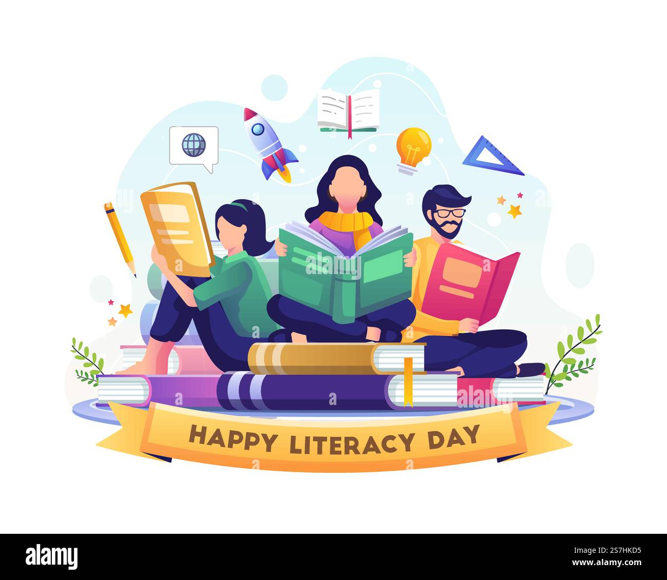 Happy Literacy Day. Young People celebrate Literacy Day by reading ...