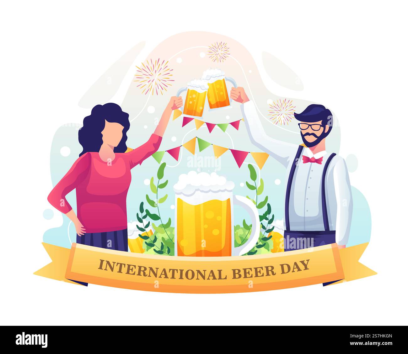 A couple celebrating International beer day with a beer toast. Flat ...