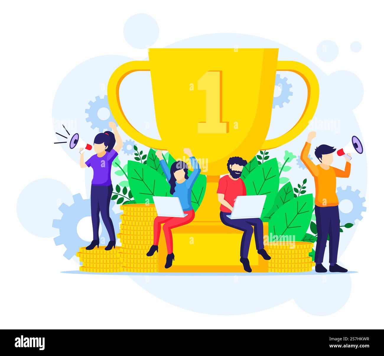 Business Success concept, Successful teamwork near a giant golden ...