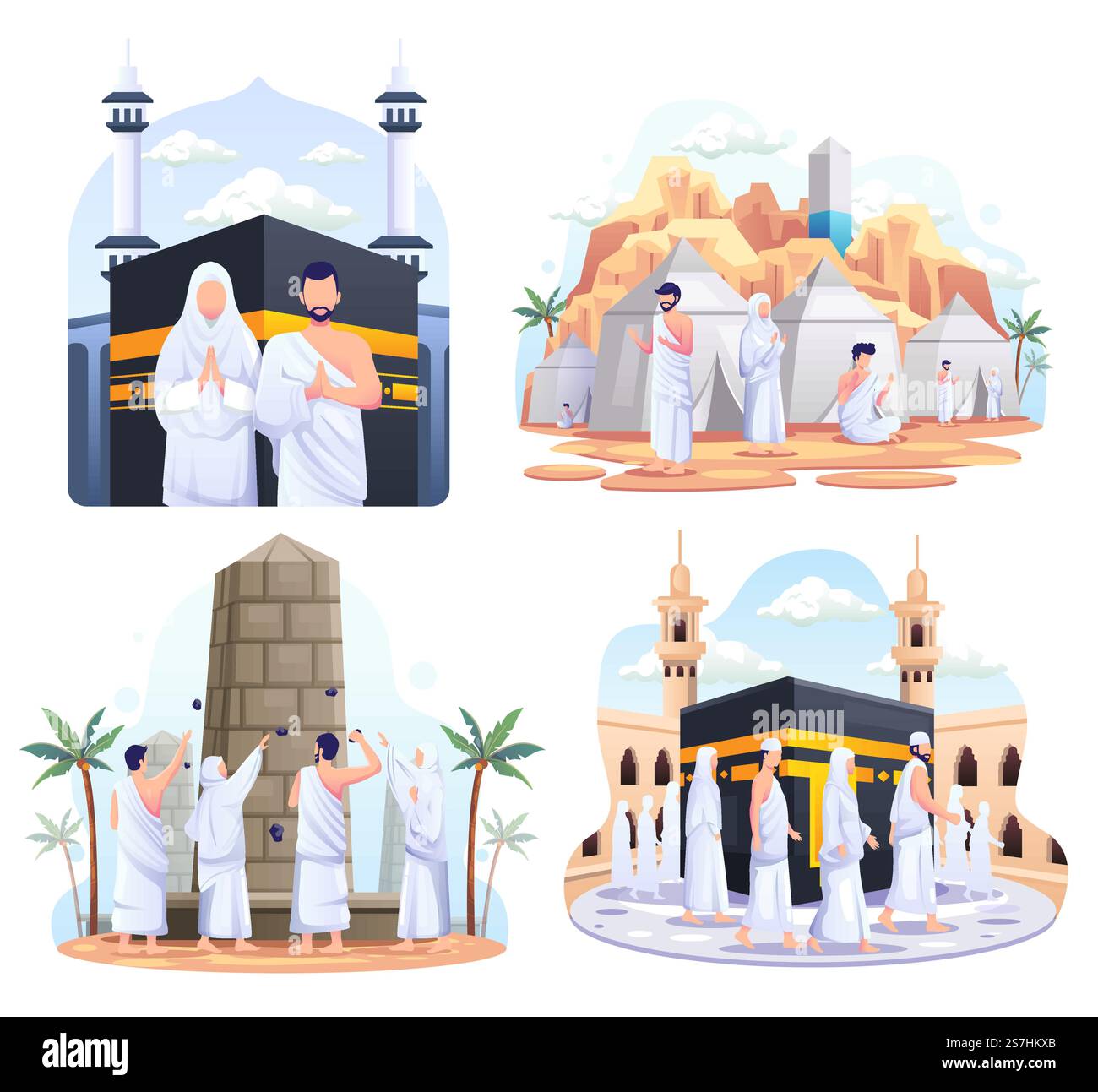 Set bundle of Muslim couple is doing Islamic hajj pilgrimage. Flat ...