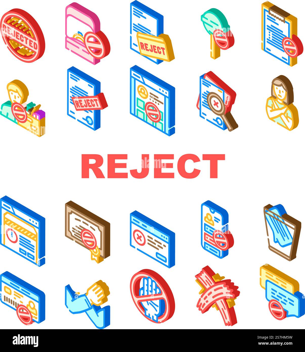 reject deny document cancel icons set vector. business stamp, man ...