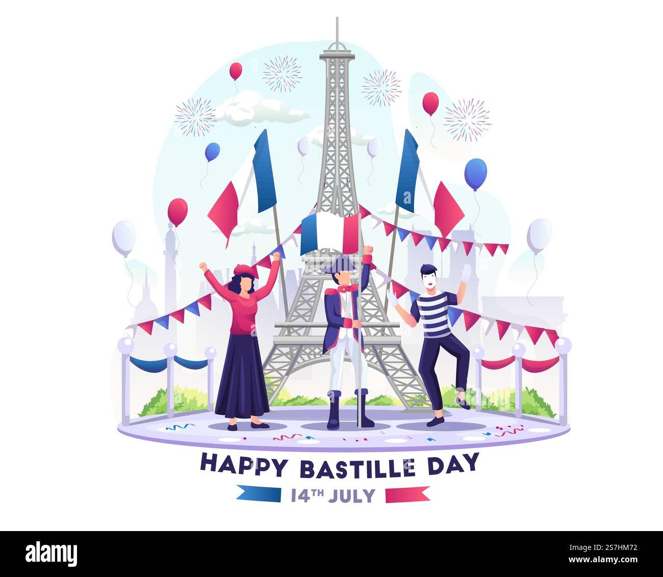 Happy People Celebrate Bastille Day on 14th July. National Day of France. vector illustration ...