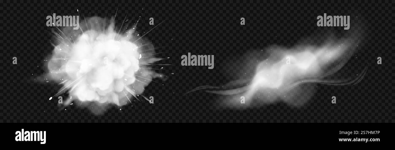Dust spray, white smoke, powder explosion with particles. Flow mist ...