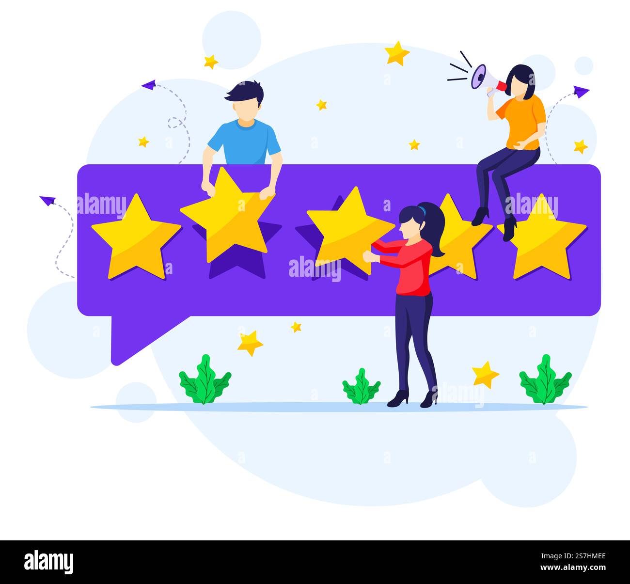Customer reviews concept, People giving five stars rating and review ...