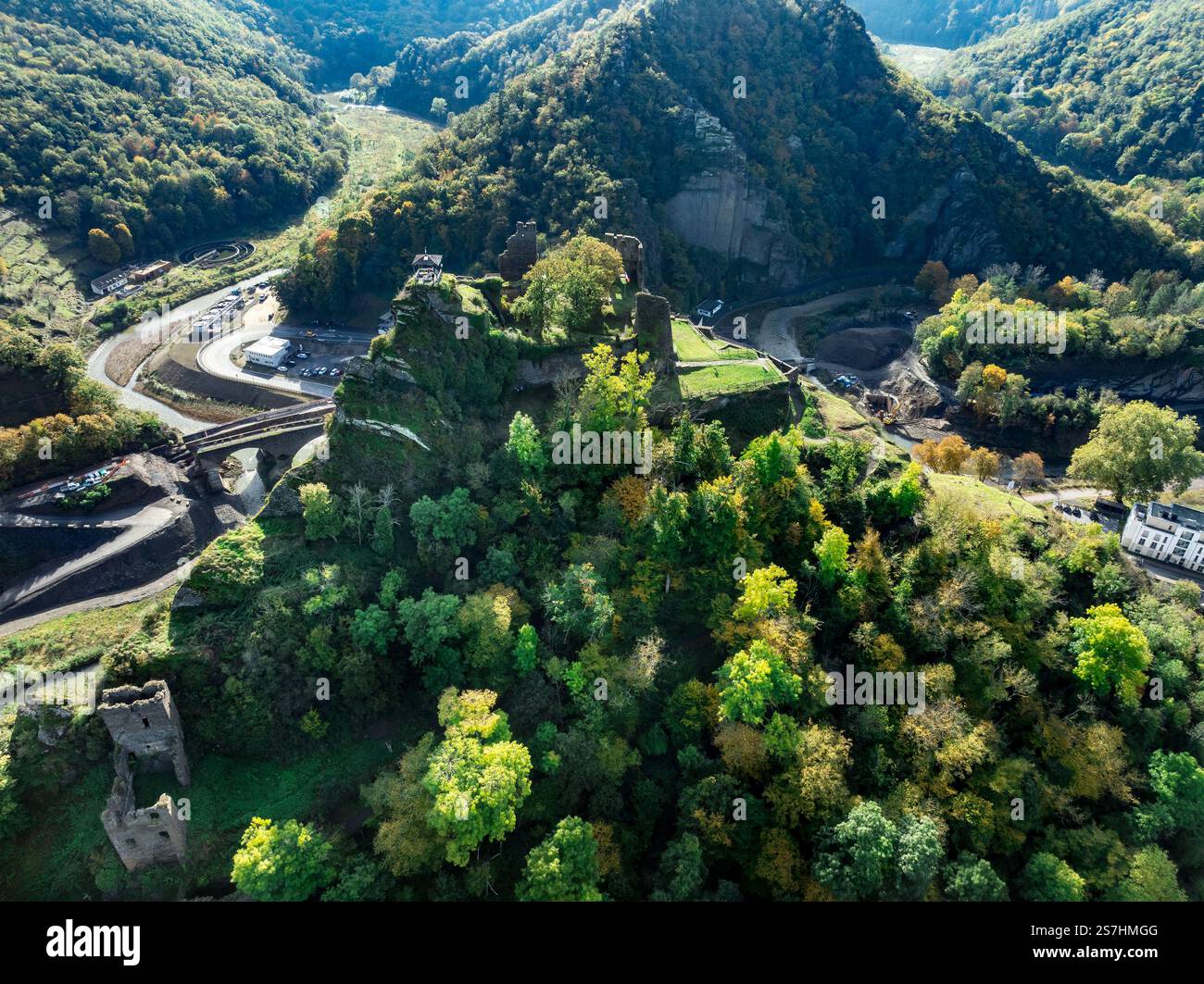 Aerial view of Are castle in Altenahr Germany, medieval hilltop ruined ...