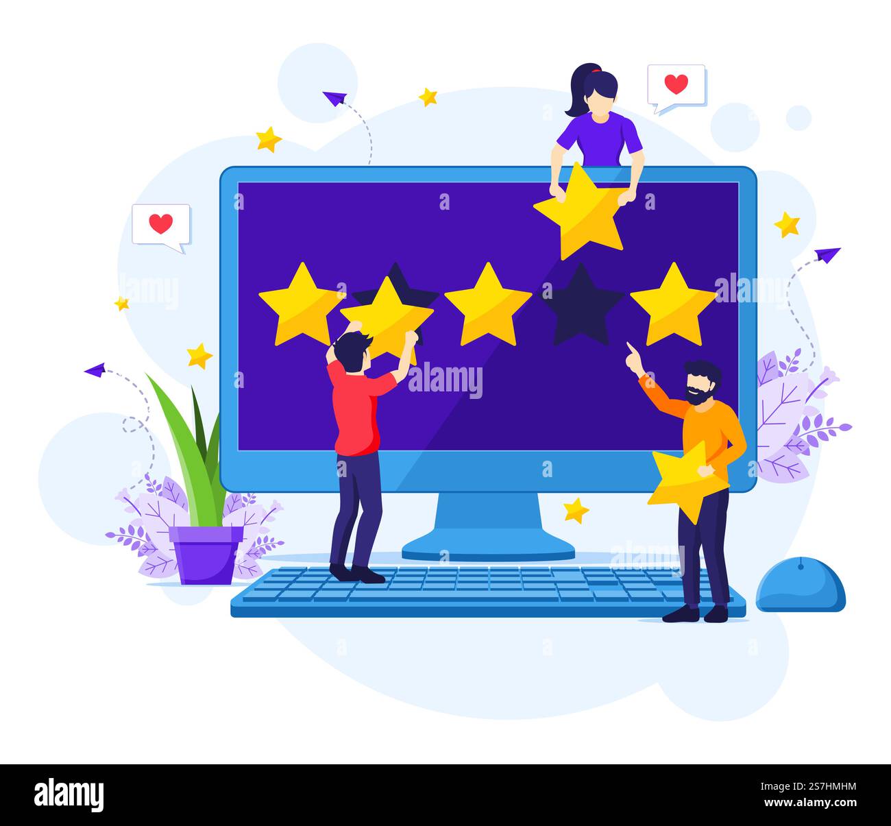 Customer reviews concept, People giving five stars rating and review ...