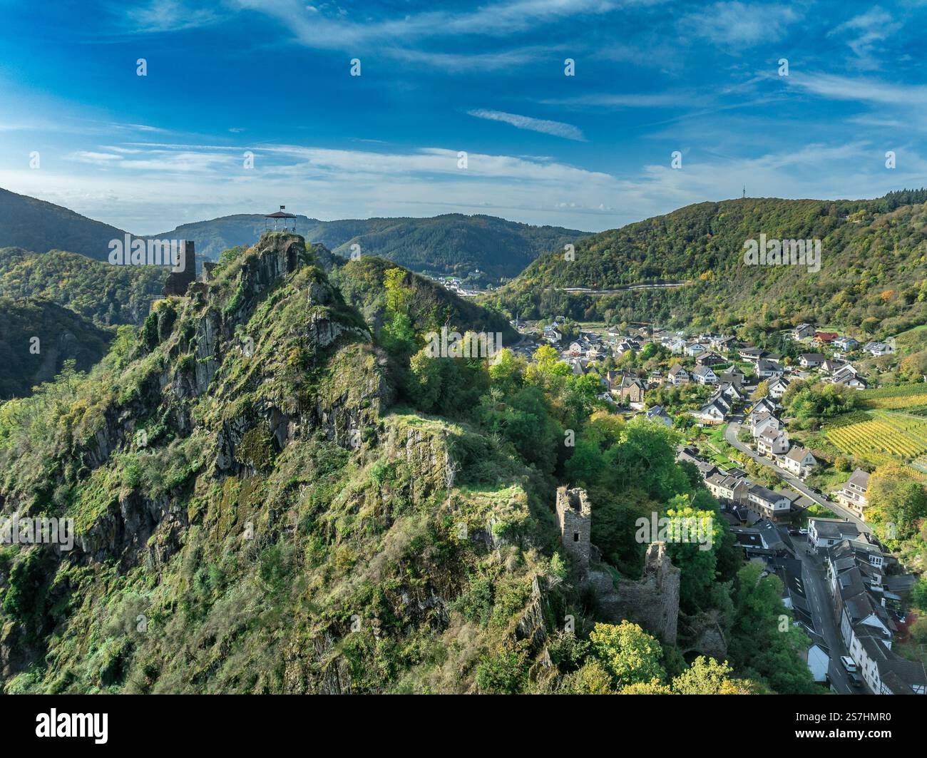 Aerial view of Are castle in Altenahr Germany, medieval hilltop ruined ...