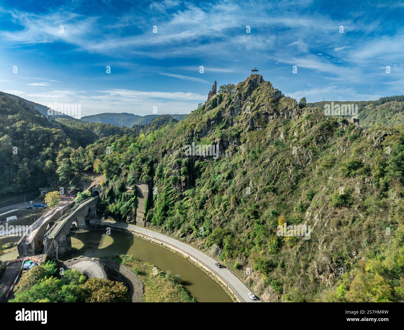 Aerial view of Are castle in Altenahr Germany, medieval hilltop ruined ...