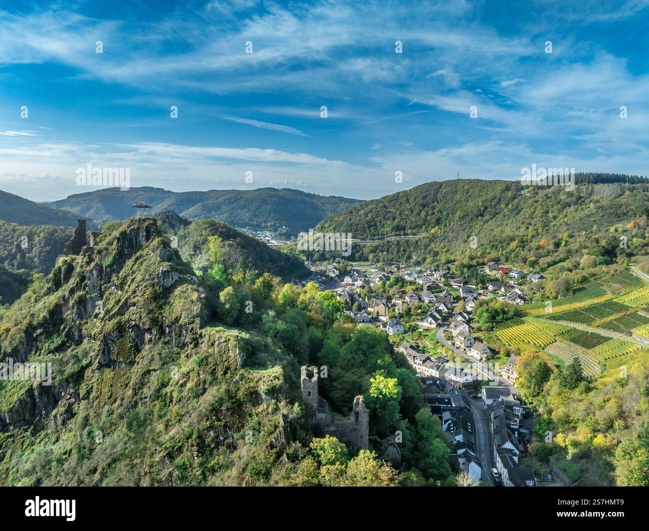 Aerial view of Are castle in Altenahr Germany, medieval hilltop ruined ...