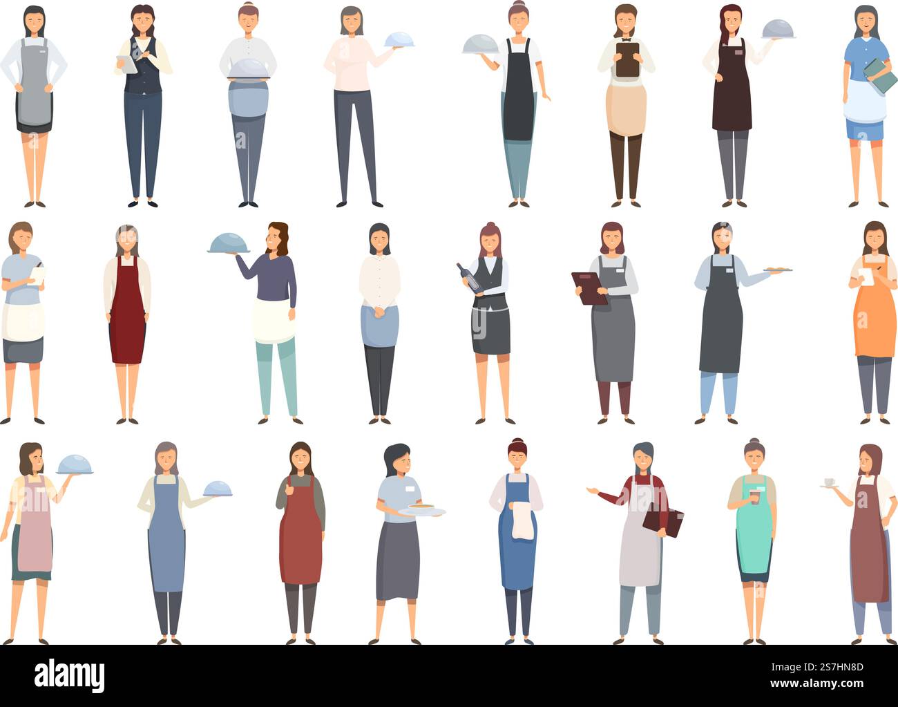 Waitress icons set cartoon vector. Tray food. Restaurant worker ...