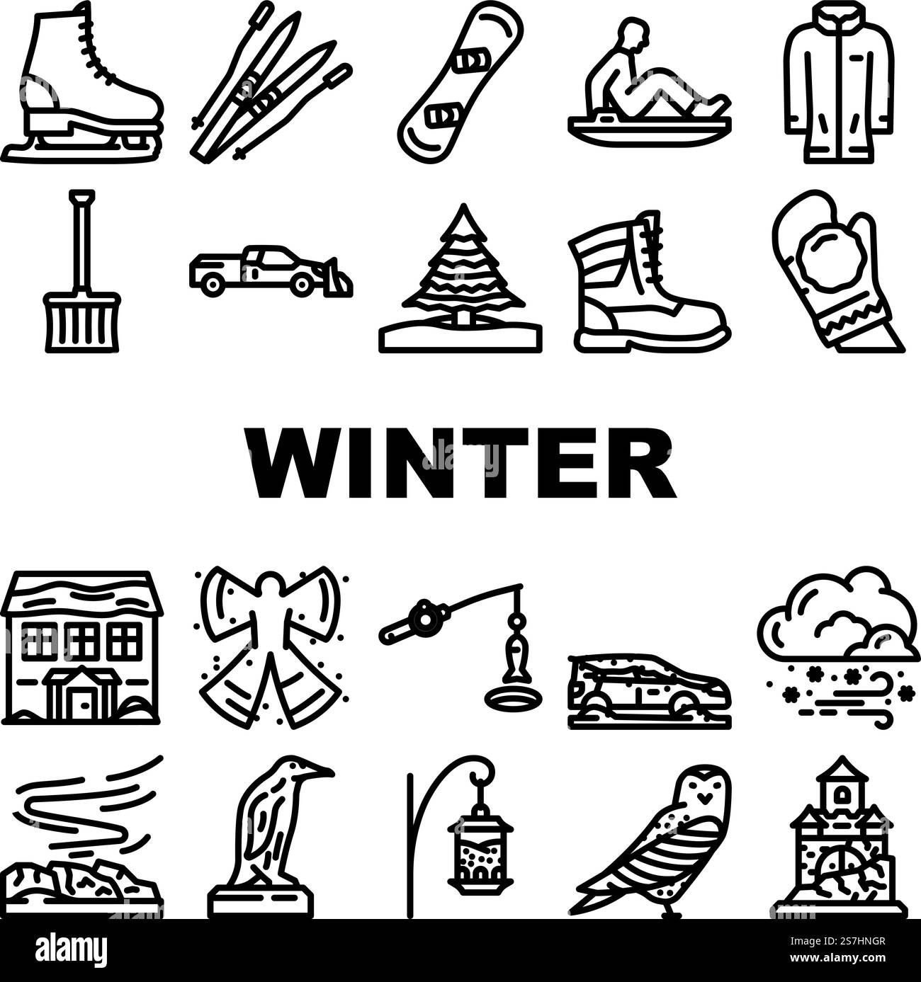 winter snow season blue icons set vector. cold landscape, holiday ...