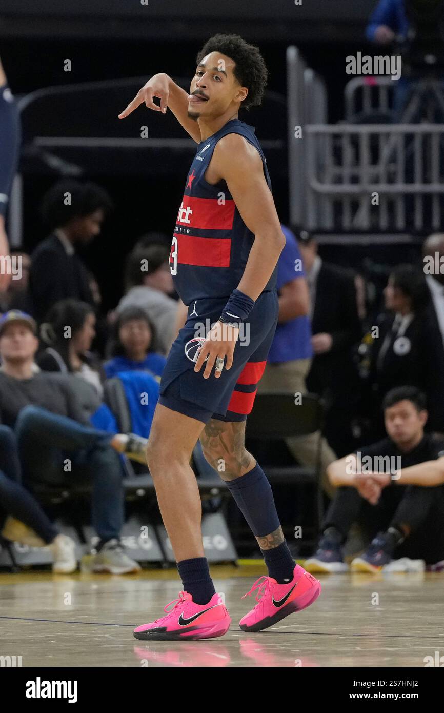 Washington Wizards guard Jordan Poole gestures after making a 3-point ...