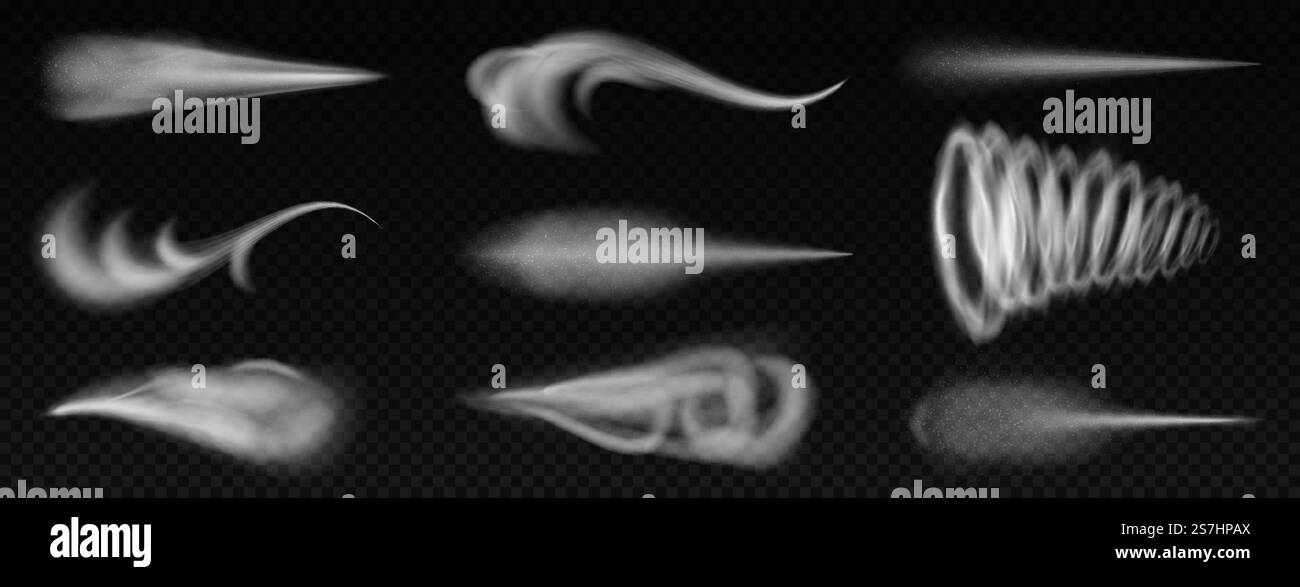 Realistic wind trails. Dust spray and smoky stream and wind blowing ...