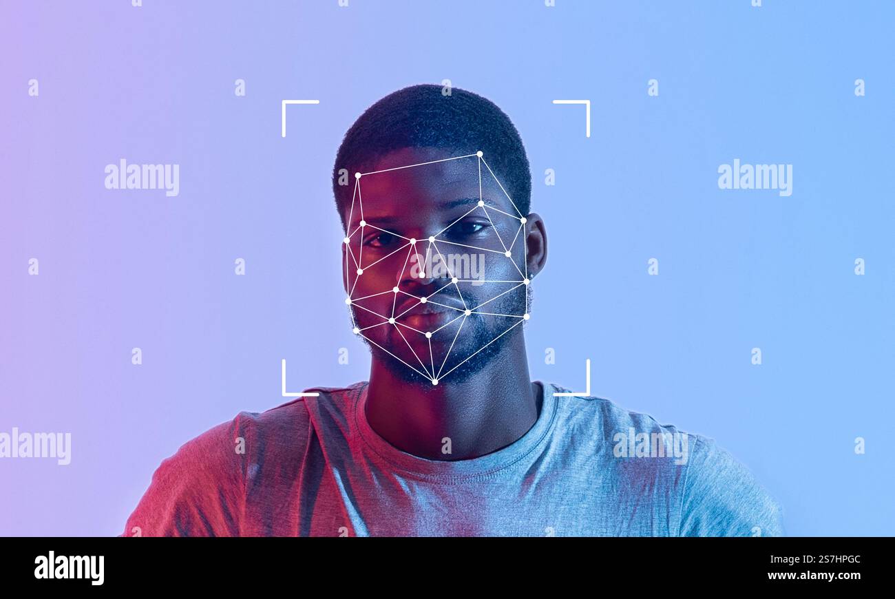 Facial recognition technology highlighting individual identity features ...