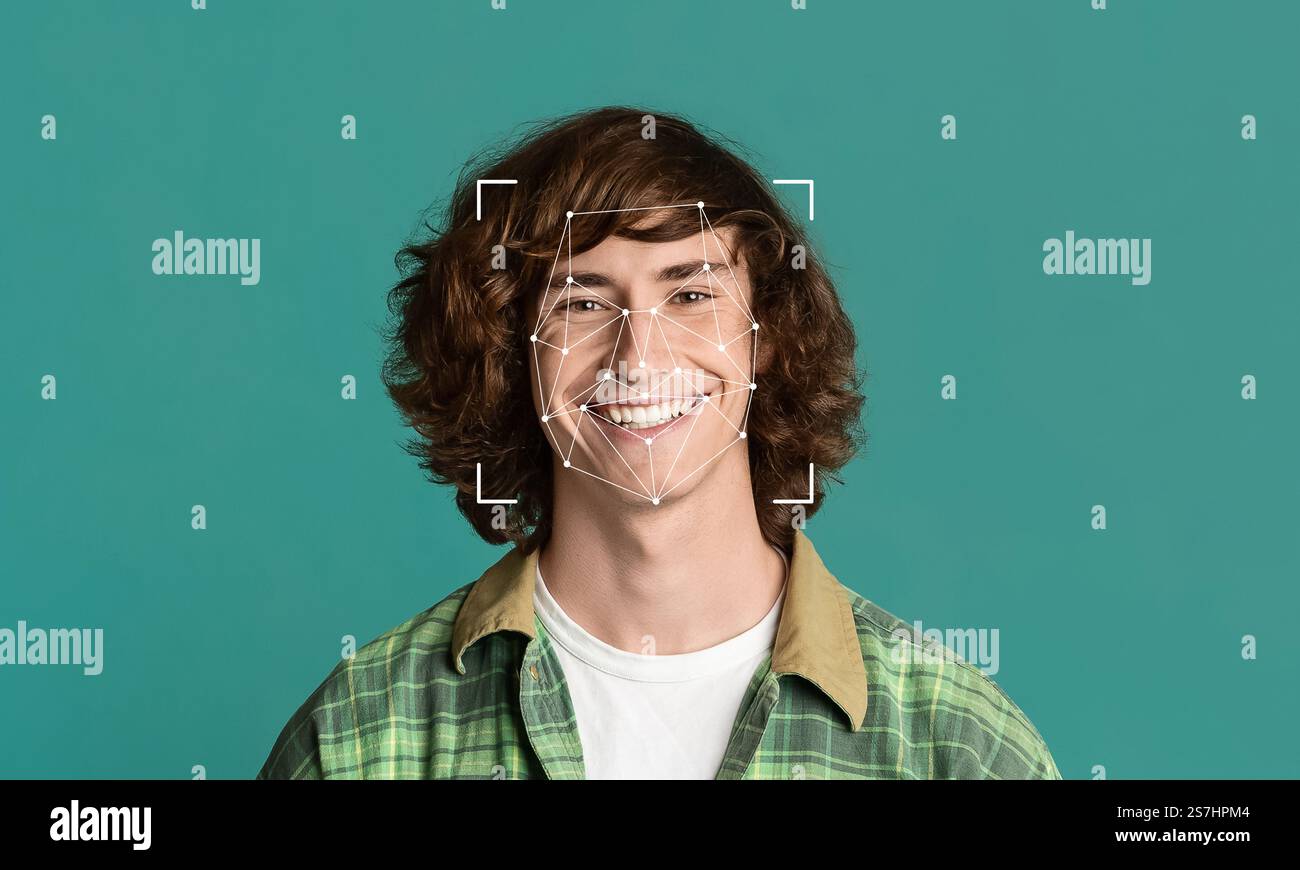 Facial recognition tech featuring a smiling person on a plain ...