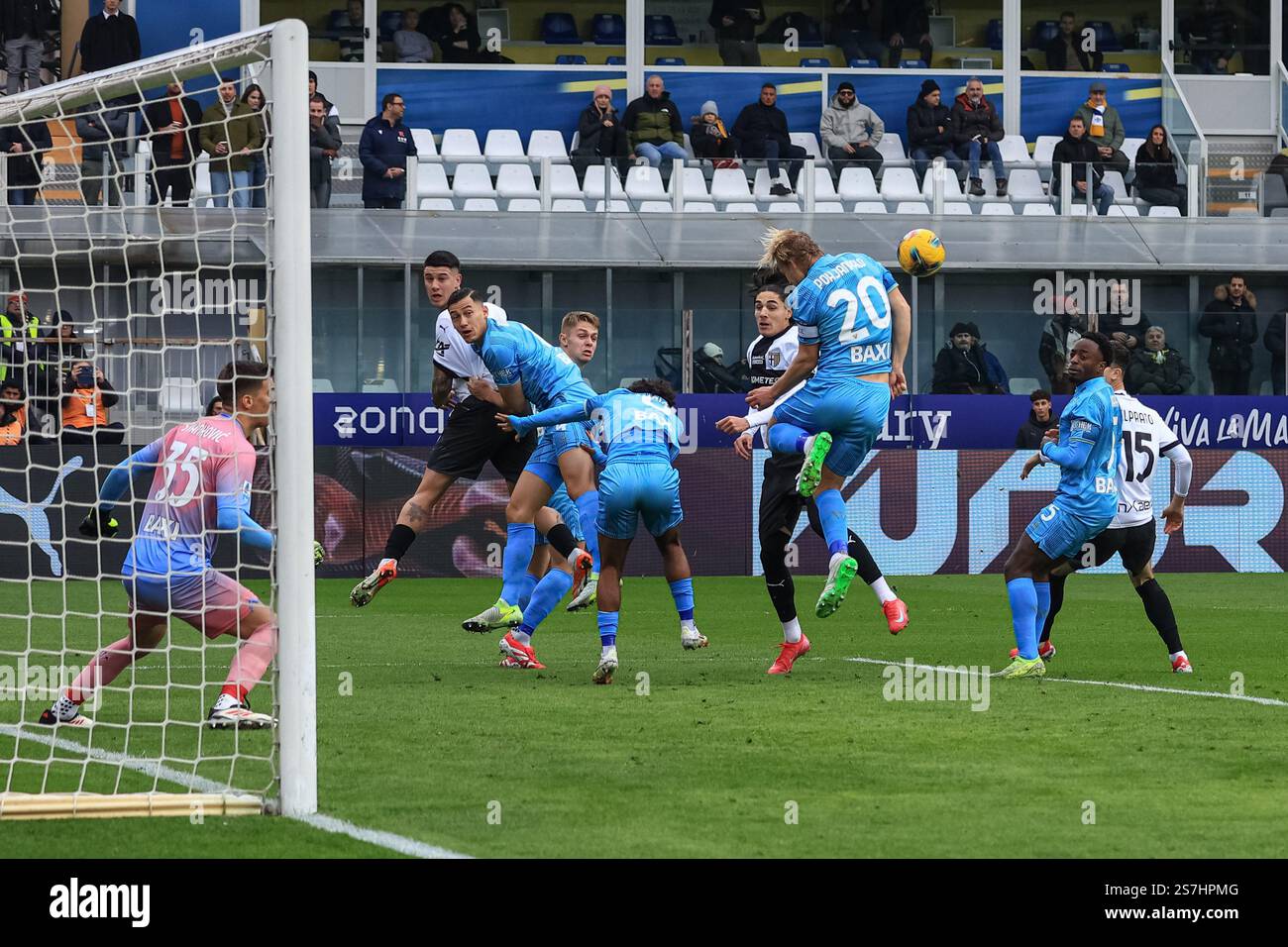 Parma, Italy. 19th Jan, 2025. Joel Pohjanpalo (Venezia FC) fights for ...