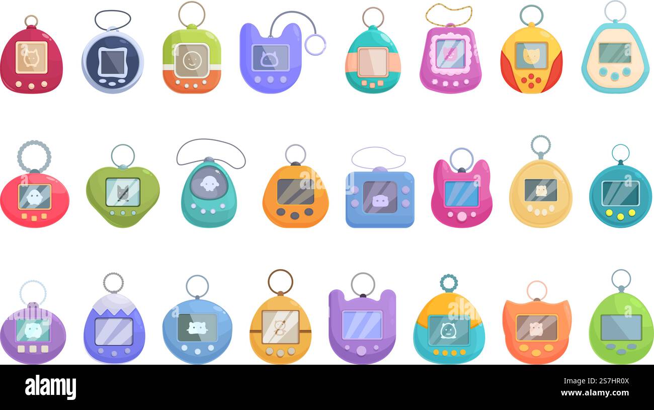 Tamagotchi icons set cartoon vector. Pixel screen. Chidl digital ...