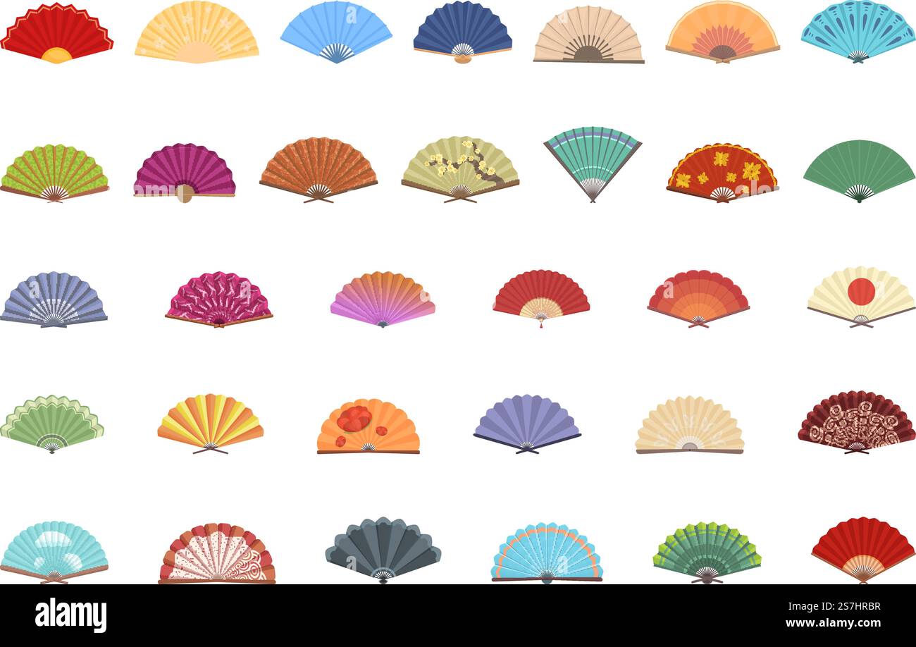 Japanese fan icons set cartoon vector. Blossom paper. Fashion art ...