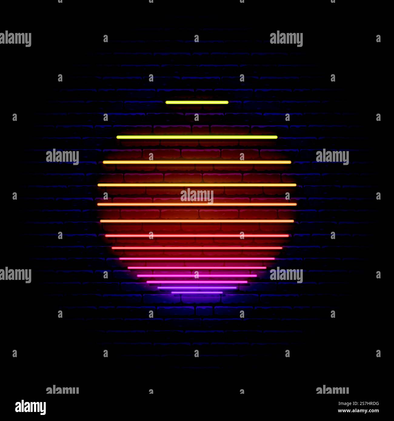 Sun neon sign. Glowing striped sun symbol on dark brick wall background ...