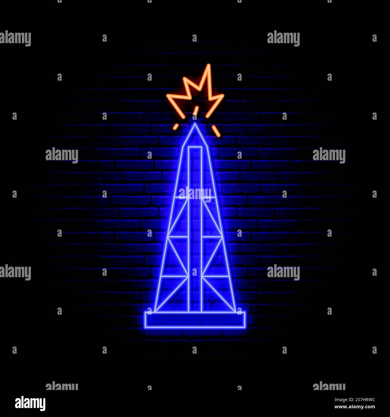 Oil Derrick neon sign. Bright light oil rig symbol on dark brick wall ...