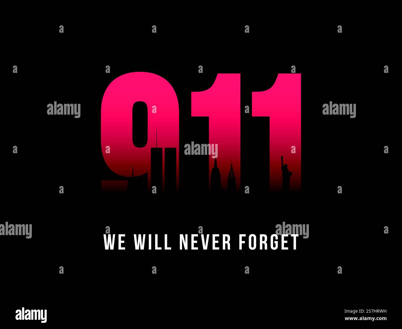 9-11 Patriot Day banner. Black silhouette of New York City Skyline on ...