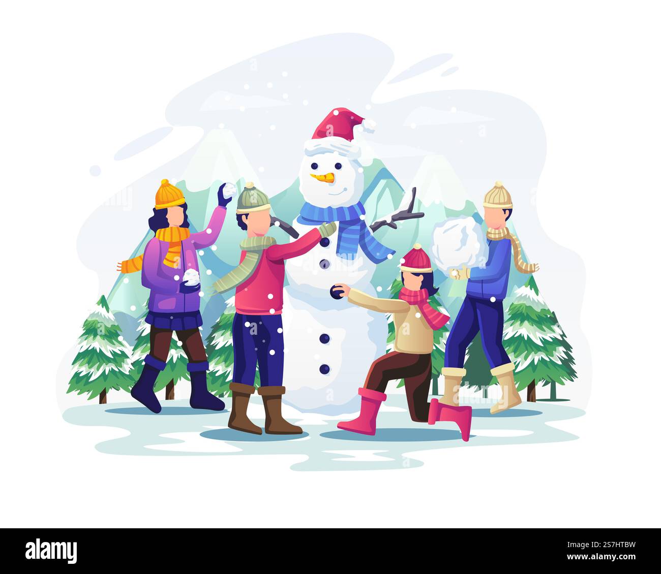 Children playing in the snow and making a snowman on the Christmas ...