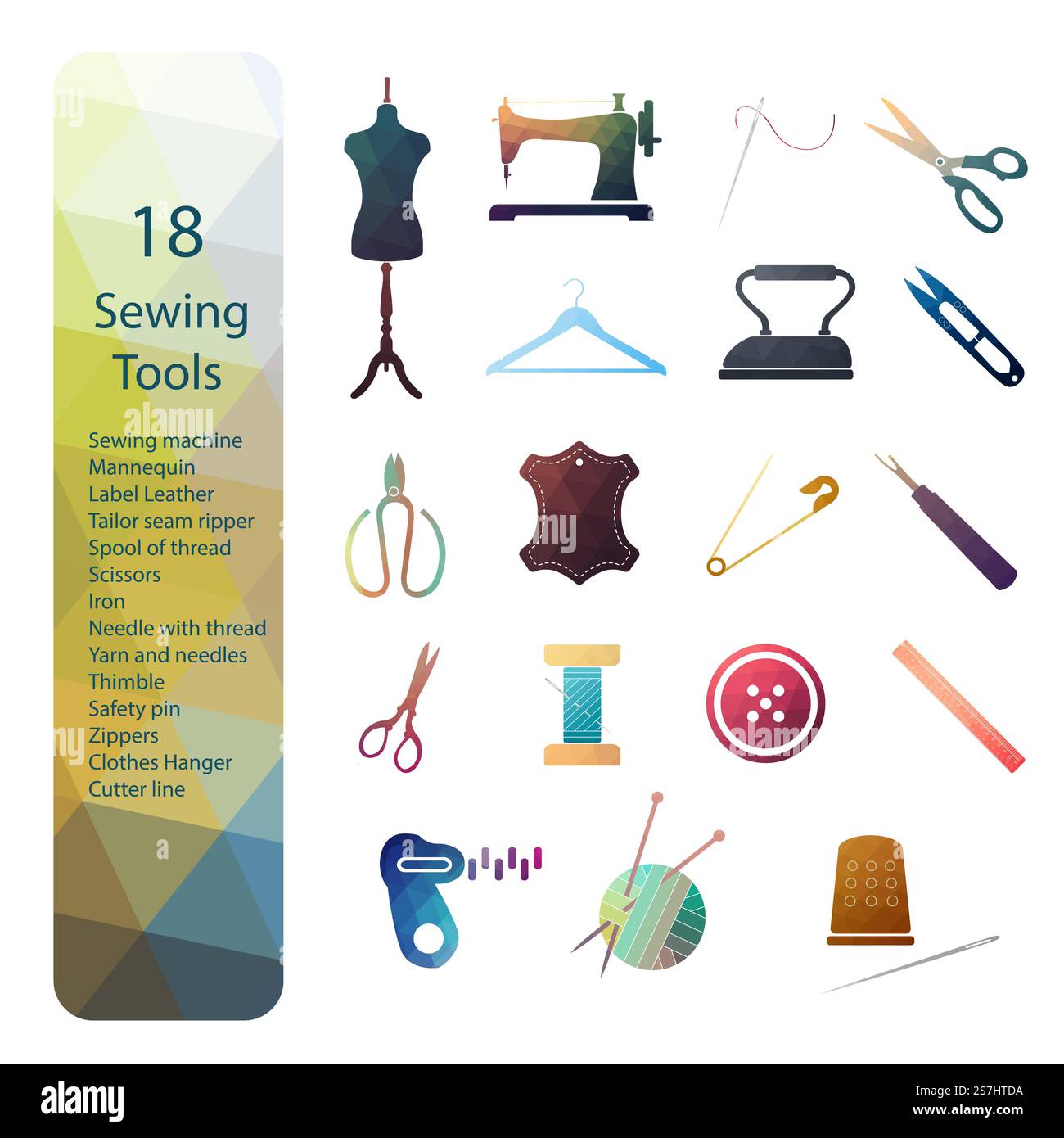 Set icon with triangle style tailoring equipment. mannequin, sewing ...