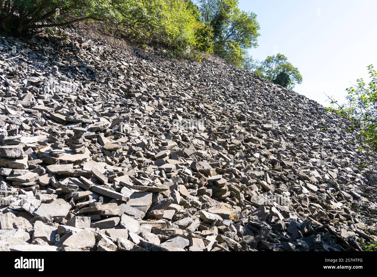 Rock field with volcanic basalt stones in the side of an old volcano ...