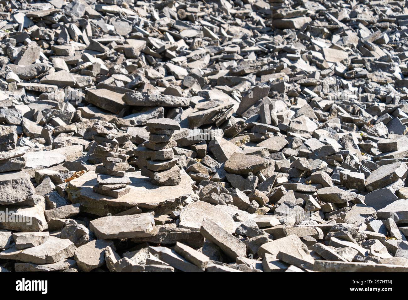 Rock field with volcanic basalt stones in the side of an old volcano ...