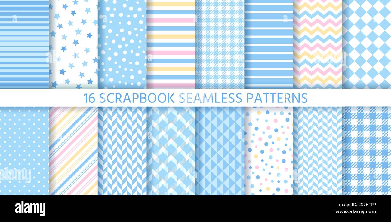 Scrapbook seamless pattern. Baby boy backgrounds. Vector. Set textures ...
