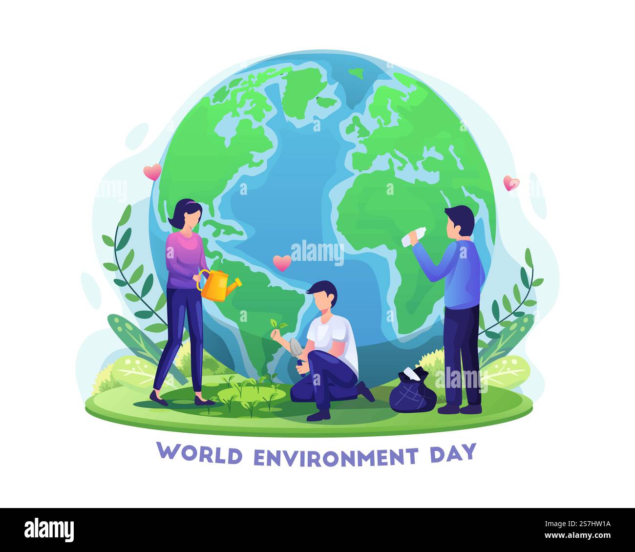 Hand drawn World Environment Day with People are gardening and cleaning ...