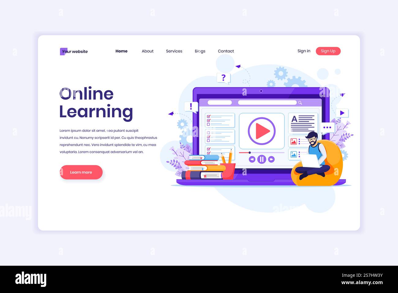 Landing page design concept of Online Learning, A man learning online ...
