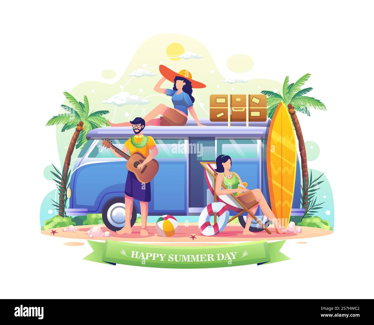 Happy Summer Day. People enjoying holidays during summer. Flat vector ...