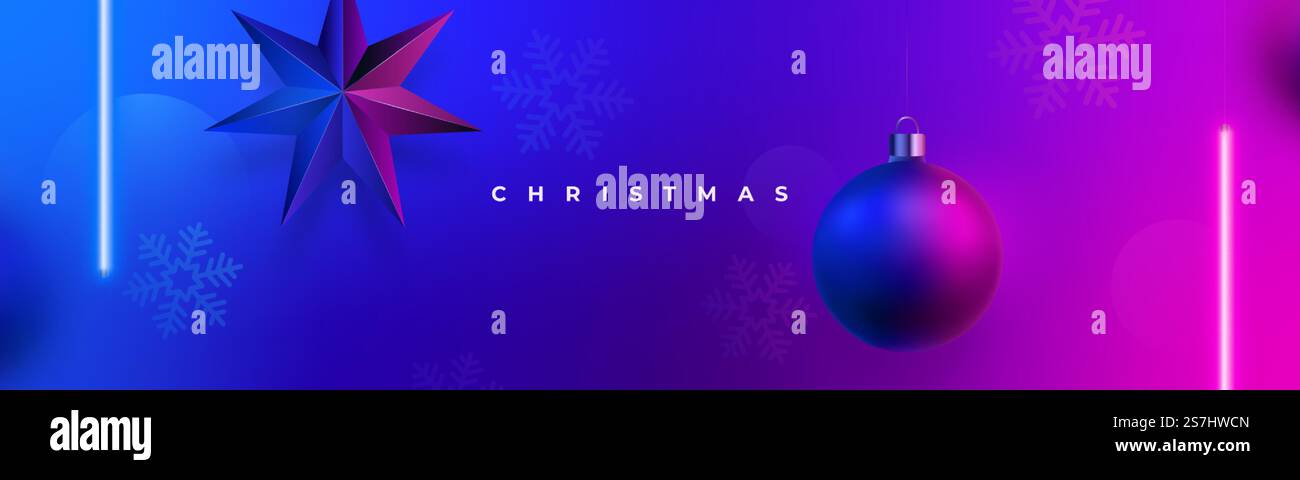 Modern Christmas neon banner. Hanging blue and pink neon led lights, 3d ...