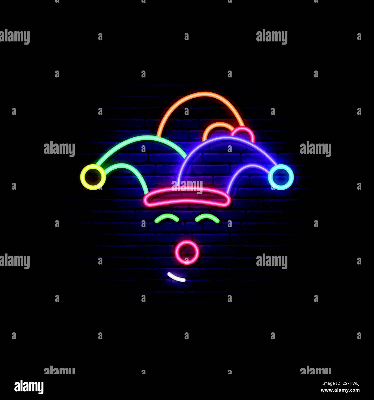 Neon clown sign. Shiny circus emblem on dark brick wall background ...