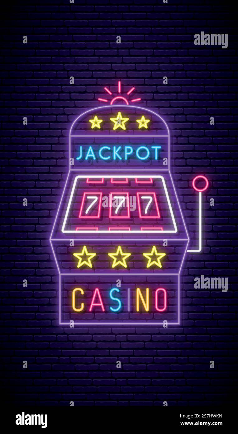 Slot machine neon sign. Bright neon signboard, light banner. Casino ...