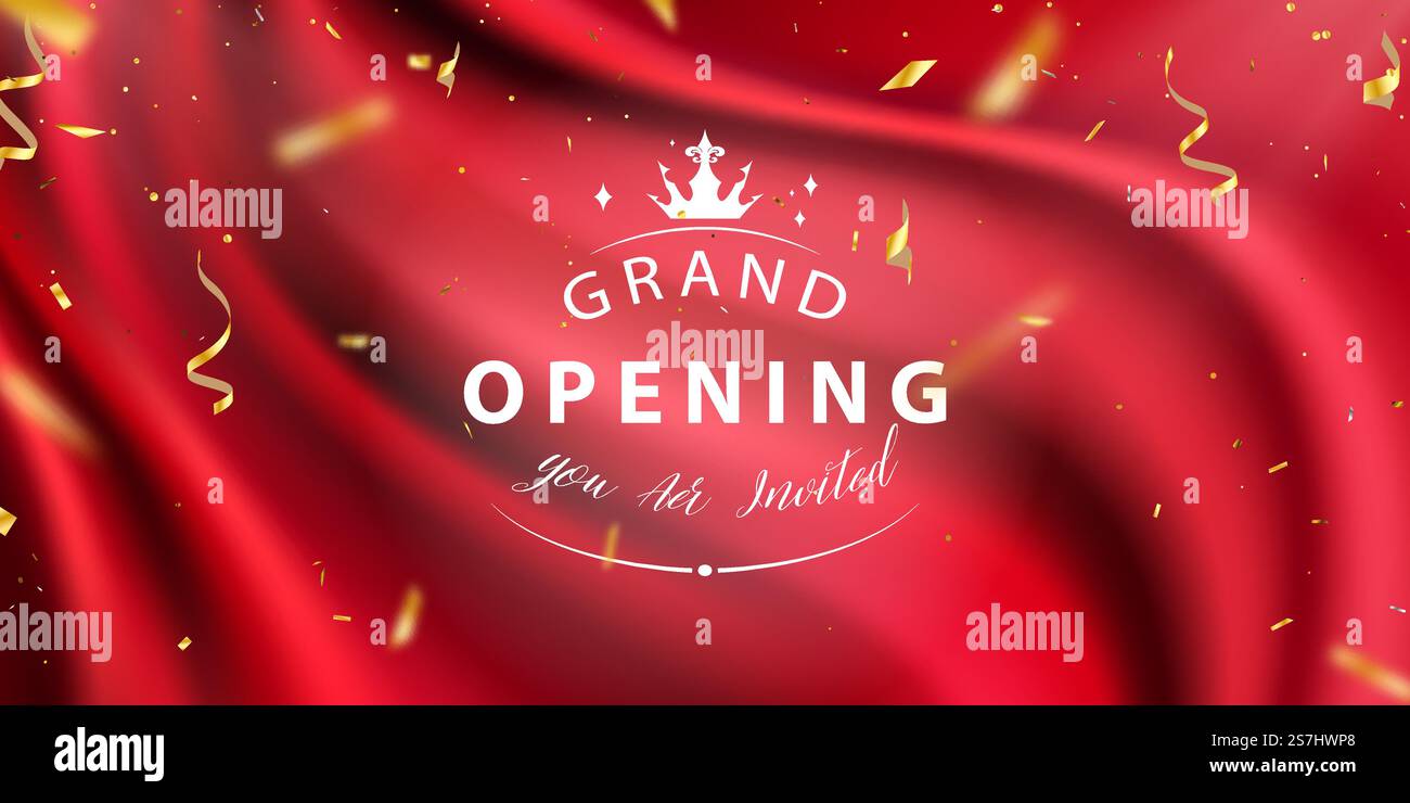 Red curtain background. Grand opening event design. confetti gold ...