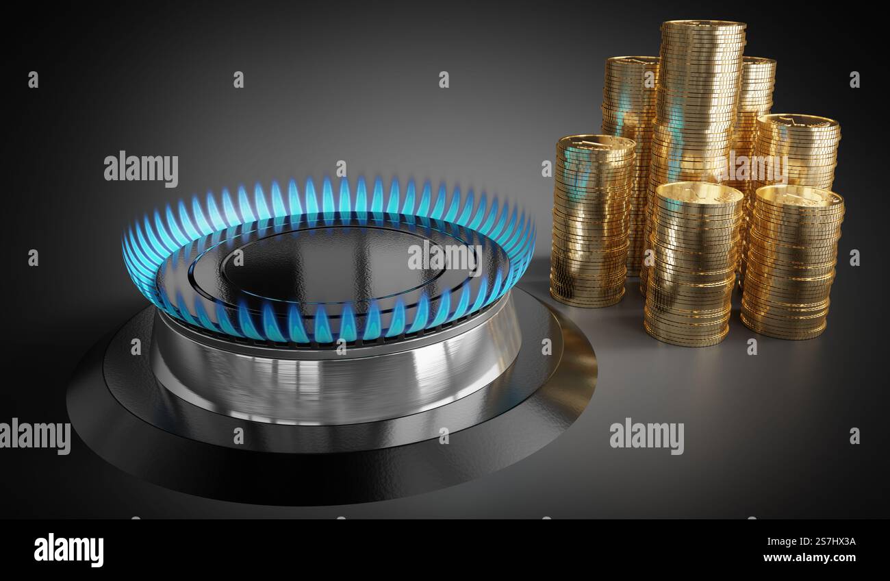 Propane butane gas burner and golden coins - 3D illustration Stock ...