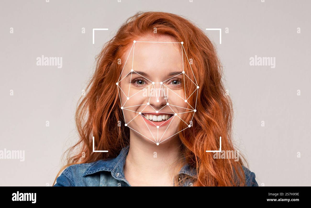 Facial recognition technology showcased on a smiling individual with ...